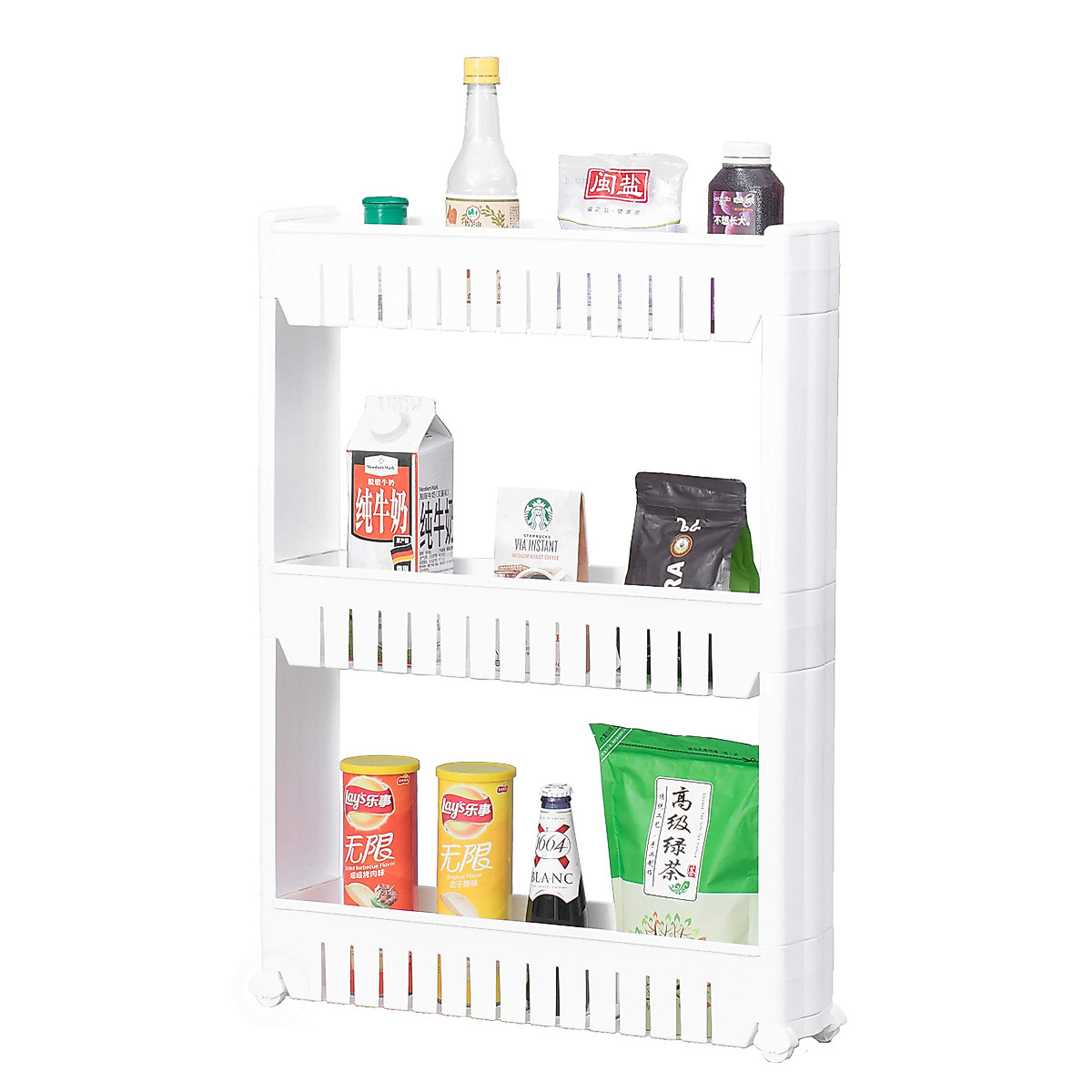 Basicwise Plastic Storage Cabinet Organizer 3 Shelf Cart, White