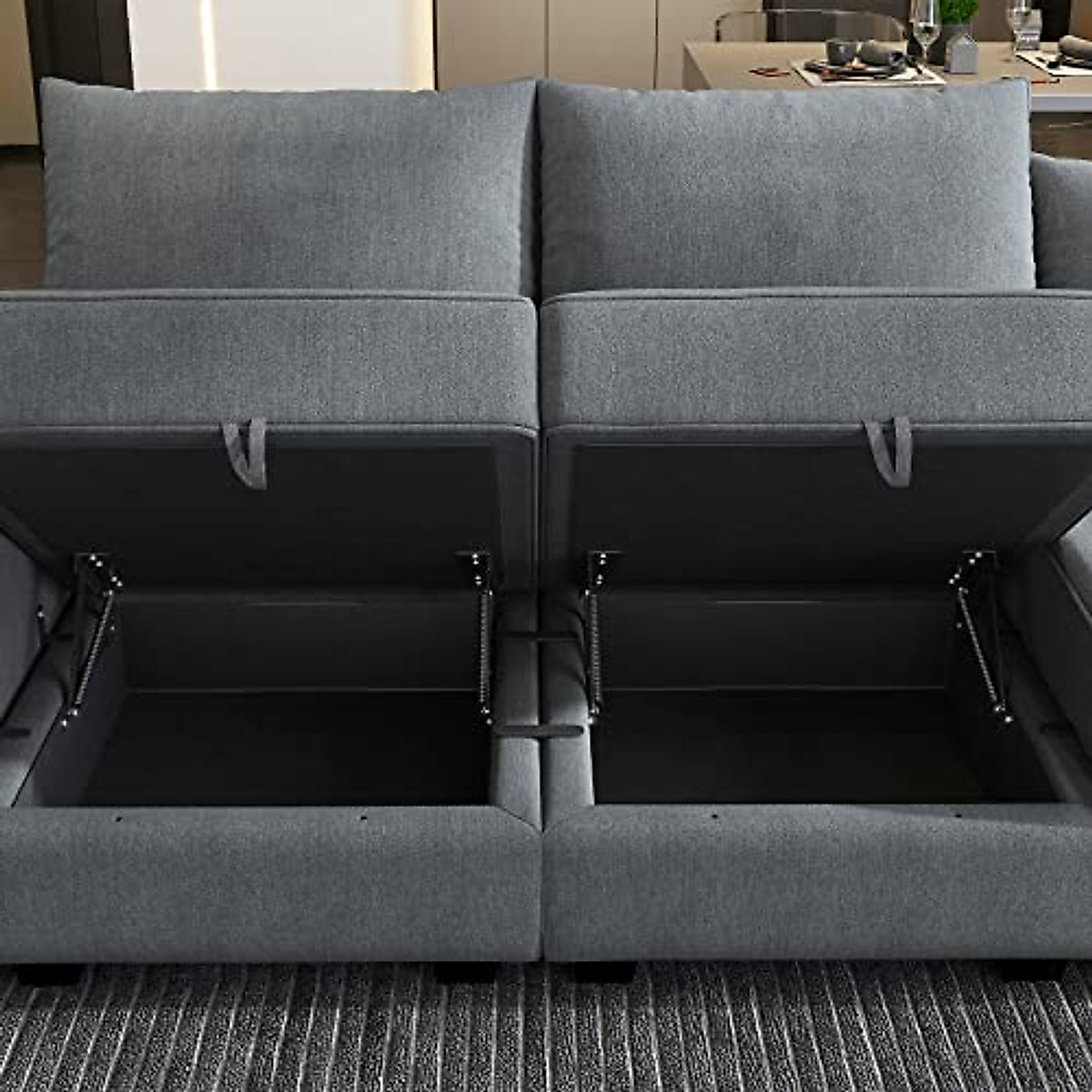 HONBAY Modern Modular Sectional Sofa Sleeper Couch Living Room U Shape Sofa Couch with Ottoman Set, Full Size Sectional Sofa Bed for Small Space, Bluish Grey
