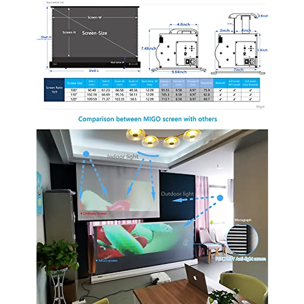 MIGO 120inch White Electric Motorized Floor Rising Tab Tension Pull up Projector Screen with The PET Crystal Slimline ALR ambieht Light for The UST 4k Projector