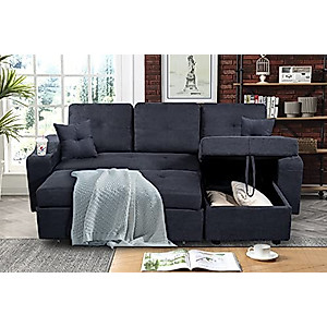 MOEO L-Shape Sleeper Sectional Sofa with Pull-Out Bed and Storage Space, Convertible Left/Right Couch w/Chaise Longue, 2 Cup Holders & Side Pockets for Living Room, Home, Apartment, 92", Dark Gray