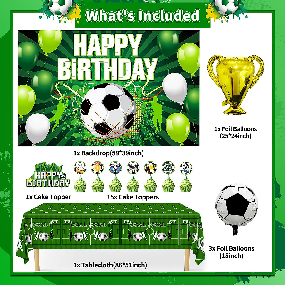 Soccer Party Decorations, 122Pcs Soccer Birthday Party Decorations Supplies with Soccer Balloons Happy Birthday Banner Tablecloth and Cake Toppers for Soccer Birthday Party Supplies