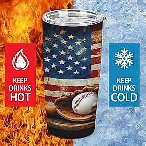 Baseball Glove America Flag (2) 20 OZ Stainless Steel Tumbler Travel Car Coffee Mug with Straw Lid Cleaning Brush Coffee Tumbler Mug for Women Men