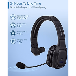 HomeSpot JM100 Trucker Bluetooth Headset with AI Noise Canceling, Wireless Headset with Rotatable Microphone and Big Mute Button, 34 Hrs Talk Time for Trucking, Home Office, Call Center