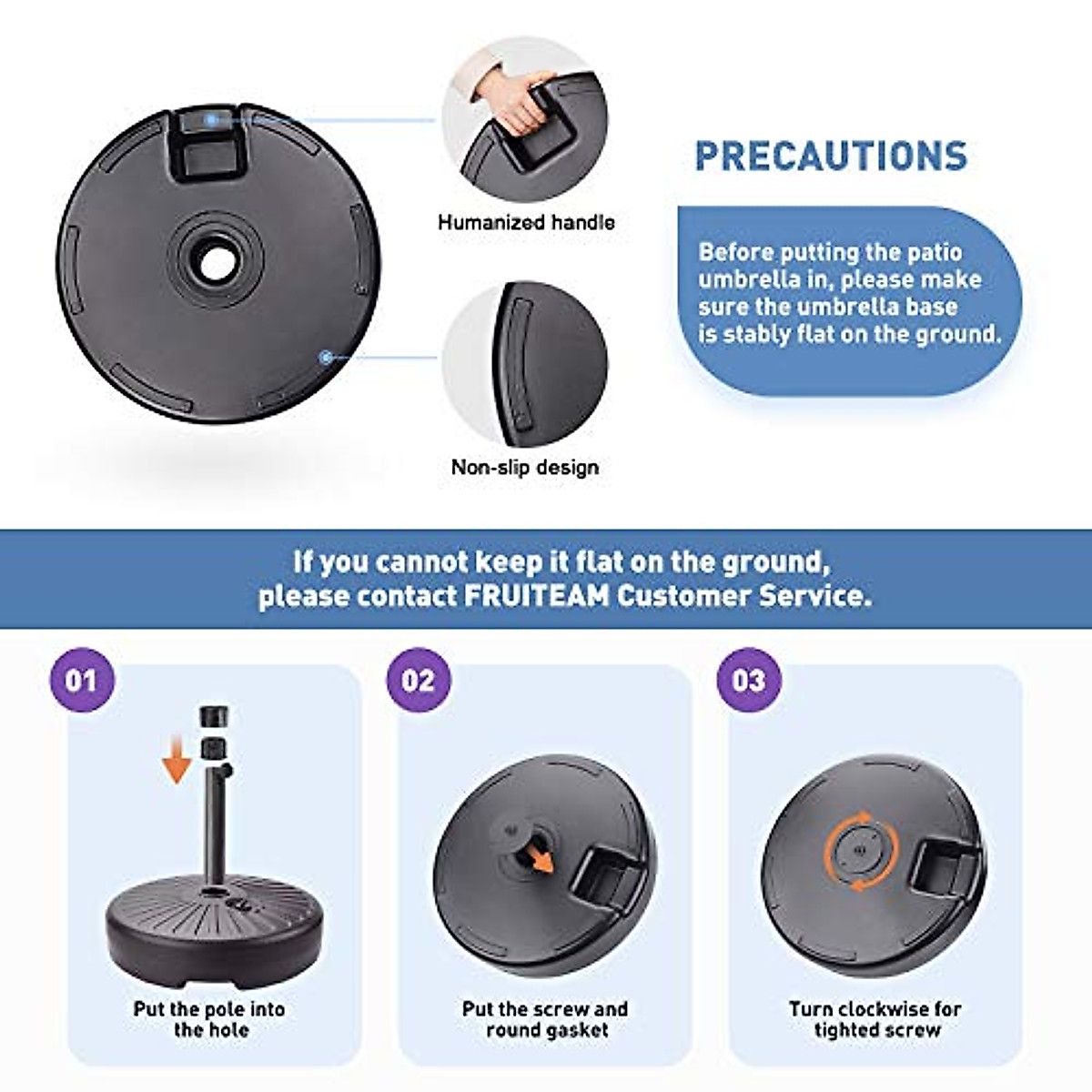 FRUITEAM Water Filled 50LB Patio Umbrella Base, Heavy Duty Plastic Outside Patio Umbrella Stand Pole Holder, 1.49-inch Steel Pole Weighted Market Umbrella Base for 6-9Ft Straight-Pole Garden Umbrella