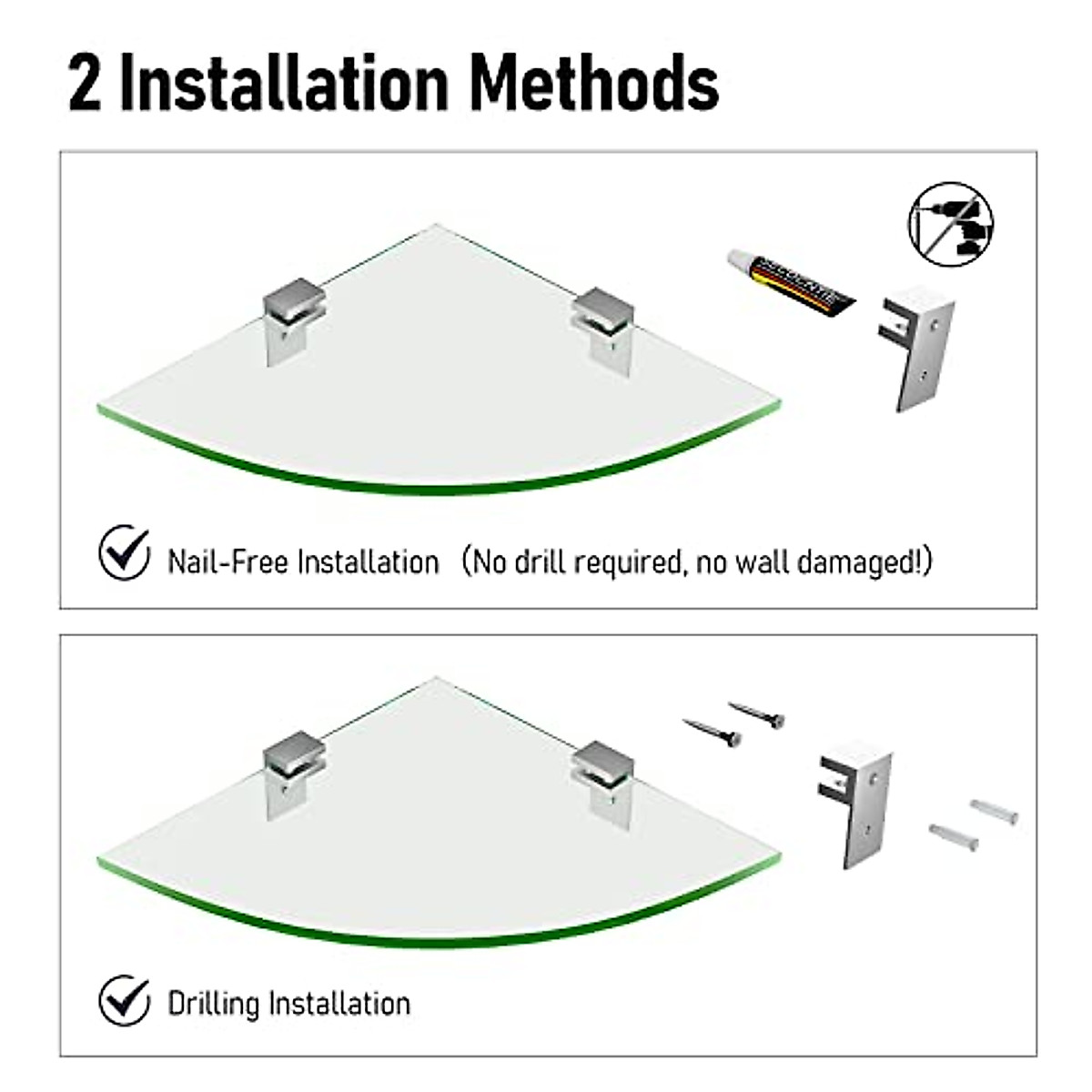 Bakzon 2-Pack Glass Corner Shower Shelves, Shower Wall Shelves for Inside Shower, Drill Free Shower Caddy Organizer with Aluminum Brackets for Bathroom