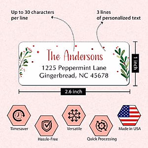 Personalized Christmas Address Labels Berry - Custom Holiday Return Address Labels, Set of 120 Mailing Labels Flat Sheet Rectangle Labels for Envelopes, Self Adhesive Stickers
