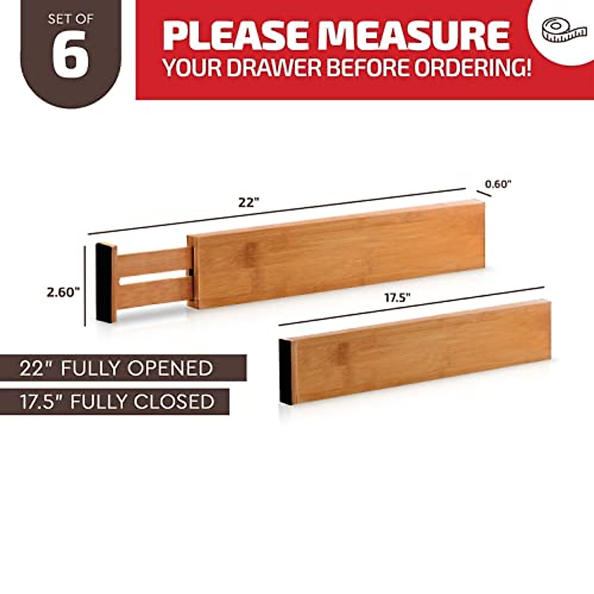 Large Kitchen Drawer Organizer - Expandable Bamboo Drawer Dividers (17" - 21.5") - Adjustable Separators for Kitchen, Clothes, Dresser, Bedroom, Bathroom, and Desk Drawers - 6-Pack
