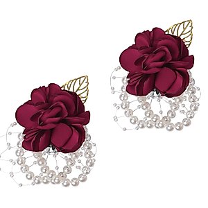 Yerpkefey Wrist Corsage and Boutonniere Set, 2 Wine Red Rose Wrist Corsages for Bridesmaids Flower Girl, Wedding Party for Prom Photo Shoot Bridal
