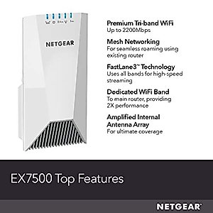 NETGEAR WiFi Mesh Range Extender EX7500 - Coverage up to 2300 sq.ft. and 45 devices with AC2200 Tri-Band Wireless Signal Booster & Repeater (up to 2200Mbps speed), plus Mesh Smart Roaming