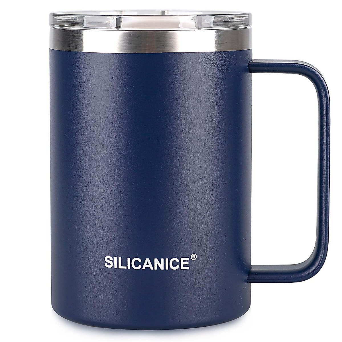 SILICANICE 14 oz Stainless Steel Vacuum Insulated Tumbler with handle & MacSlider Lid, Dishwasher Safe & Spill Proof Coffee Cup, Travel Mug for Hot/Cold Drinks, Durable Design - Navy