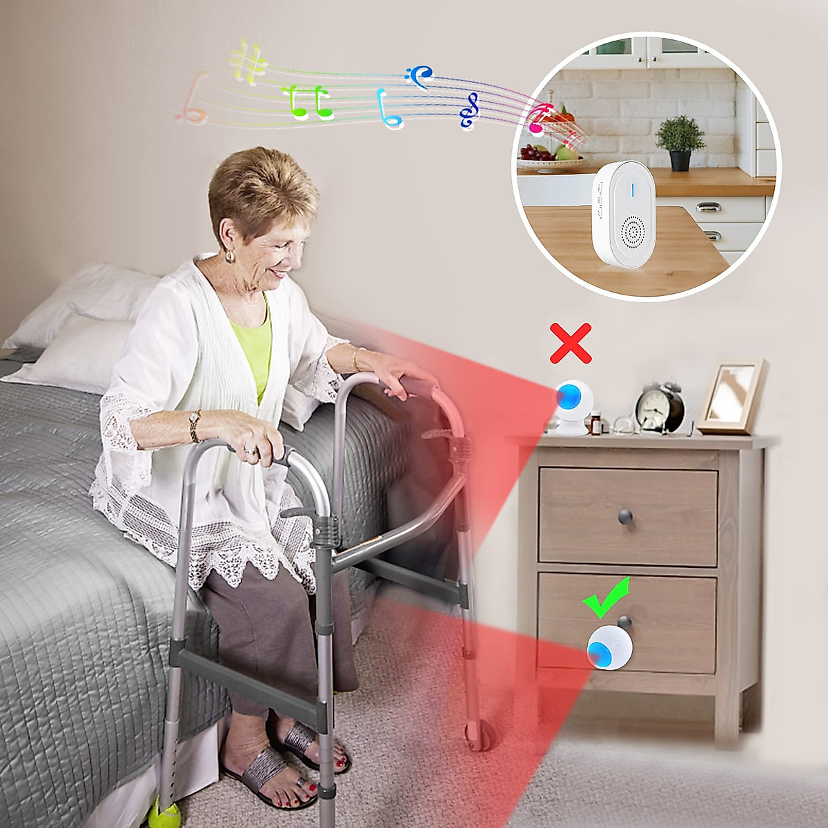 CallToU Portable Bed Alarm Caregiver Pager and Fall Prevention for Elderly Monitoring Dementia Patients Seniors Home, 2 Receiver 2 Magnetic Motion Detectors