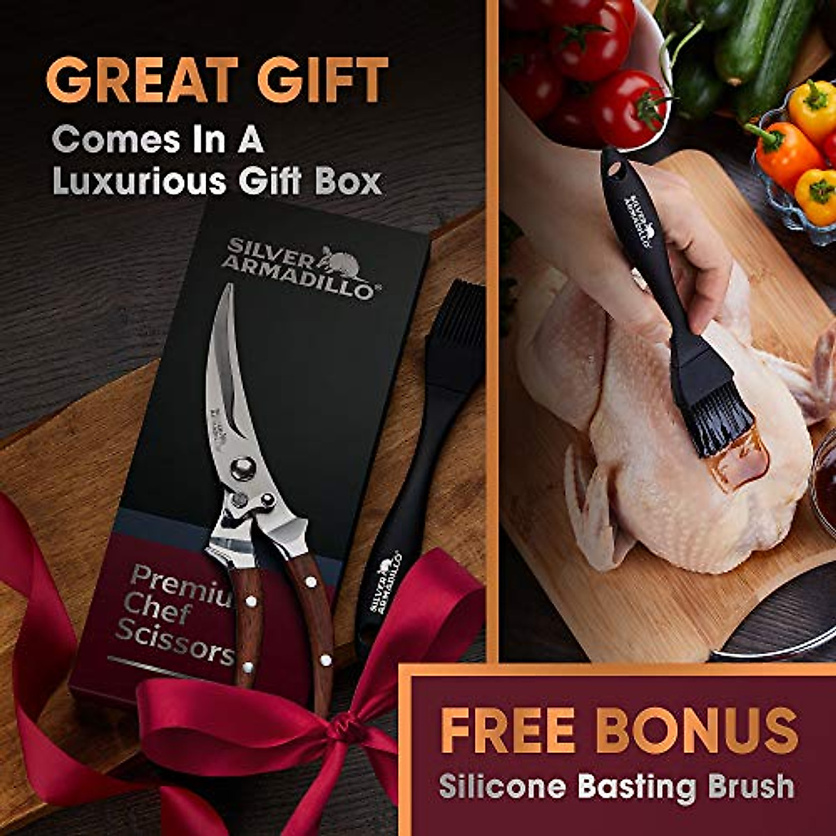 Heavy Duty Poultry Shears | Food Grade Stainless Steel Scissors for Bone, Chicken, Meat, Fish, Seafood, Vegetables | Anti-Rust Ergonomic Spring Loaded Food SHEAR | Built-In Lock |(Brown Wood Handles)