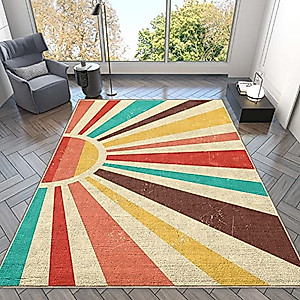 Boho Rainbow Sun Area Rugs Colorful Area Rug Contemporary Floor Carpet Soft Non-Shedding for Living Room Bedroom Decor, 5x8 Feet