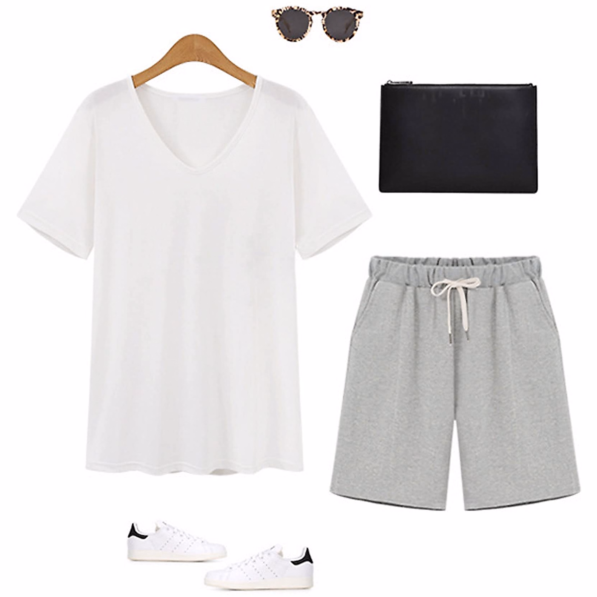 HOW'ON Women's Soft Knit Elastic Waist Jersey Casual Bermuda Shorts with Drawstring Grey XL