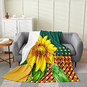 Erosebridal Sunflowers Throw Blanket Yellow Floral Flannel Blanket Twin Size Stripes Fleece Blanket Geometric Stripes Dots Botanical Plush Bed Blanket Cabin Bedroom Decor All Season,Yellow Blue Brown