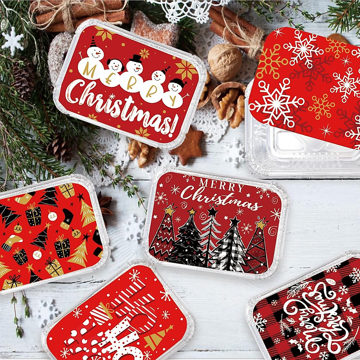 DIYDEC 36PCS Christmas Aluminum Food Containers with Lids 9 Styles Merry Christmas Foil Leftover Containers Disposable Cookie Tins Storage Pans for Winter Holiday Gift Giving Party Supplies (Style A)