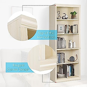 LTMEUTY Wooden Bookcase - Freestanding 5 Shelves Bookshelf, Tall Storage Book Shelf for Living Room, Office, Library, White Wood Grain