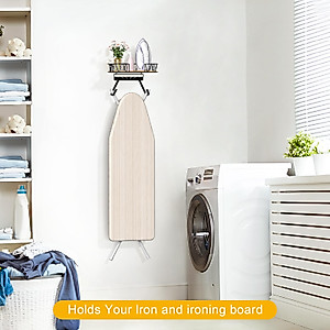 Tohomes Ironing Board Hanger Wall Mount, T& V Iron and Ironing Board Holder for Laundry Room, Iron Board Wall Mount with Large Storage Wooden Base Basket and Removable Hooks