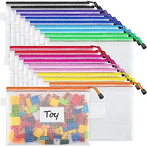JARLINK 20 Pcs A4 Mesh Zipper Pouch, Waterproof Letter Size Zipper Bags, 10 Colors, Puzzle Bag with Label Pocket for School, Office Supplies, Cosmetics, Travel Storage and Home Organize