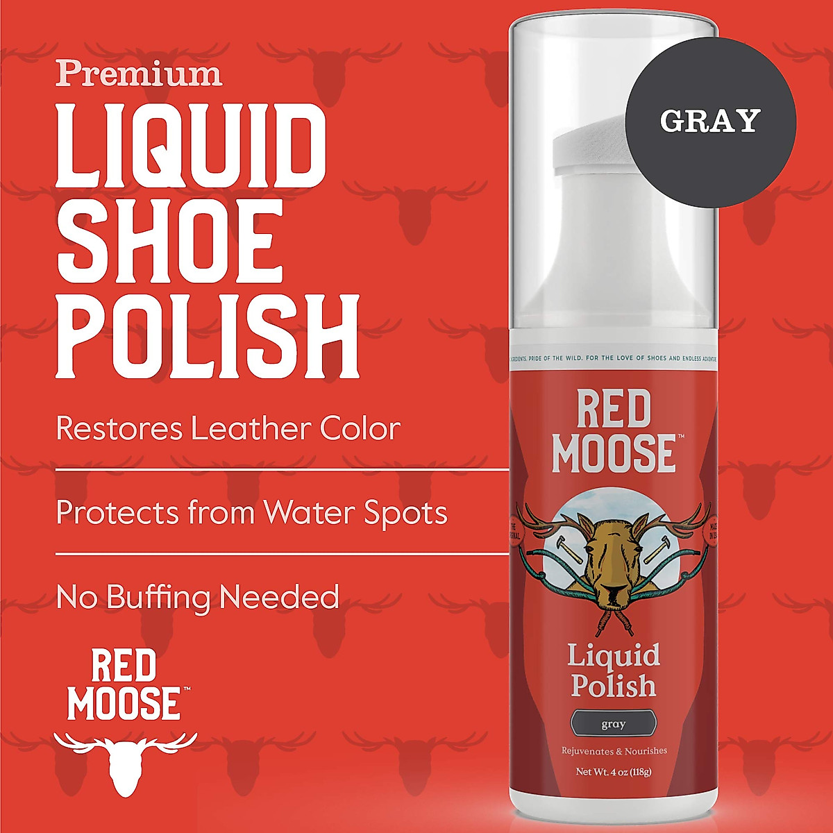 RED MOOSE Liquid Shoe Polish - 4 oz Sponge Top for Leather, Boots, Dress Shoes (Gray)