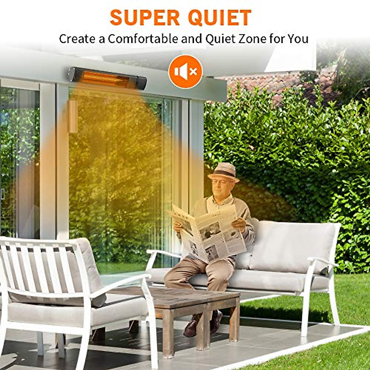 Electric Outdoor Patio Heater, Wall-Mounted Infrared Heater with Remote Control, 1500W Fast Heat Gold Tube Super Quiet Ceiling Heater for Garage