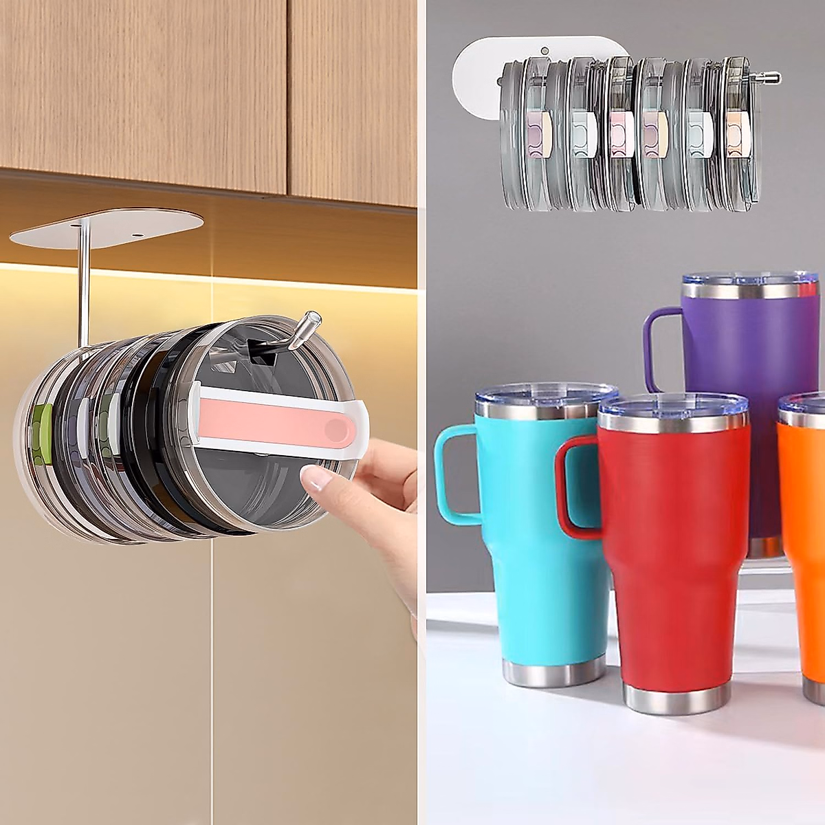 Karshall 2 Pack Cup Lid Holder Organizer for Tumblers/Water Bottles, Inside/Under Cabinet Storage Hook for Stanley/Yeti/Simple Modern/More Brands, Hold up to 8 Lids-Kitchen Organization