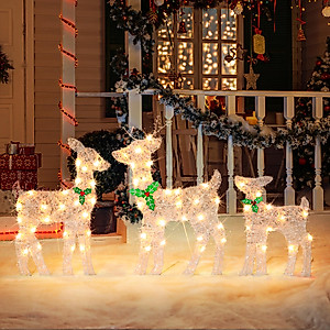 MCOW Set of 3 Reindeer Christmas Decorations Light, Outdoor Pre Lit Holiday Decor, Lighted 2D Deer Family Set for Indoor Outside Home Lawn Yard Garden Patio 30.5 in Buck, SDZS011