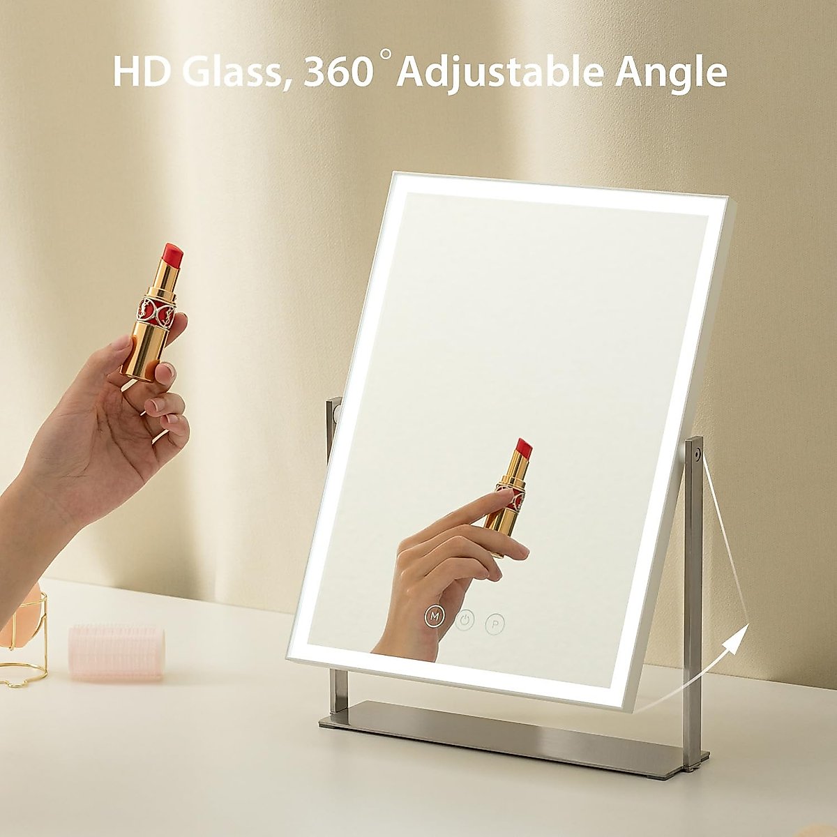 NEZZOE Makeup Mirror with Lights, 14 inch Vanity Mirror with 104 LED Lights, Plug in Table Mirror, Rectangular Desk Mirror with Metal Stand Base
