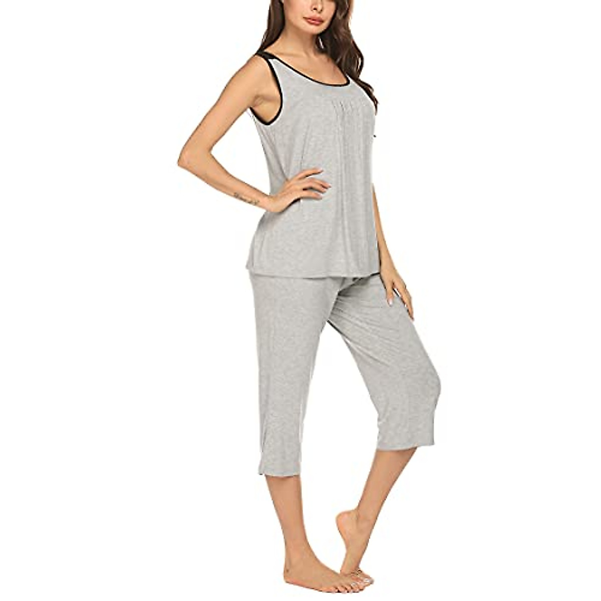 Ekouaer Women's Sleepwear Bamboo Jersey Sleeveless Top and Capri Pleated Loungewear O Neck Pajama Set Grey L