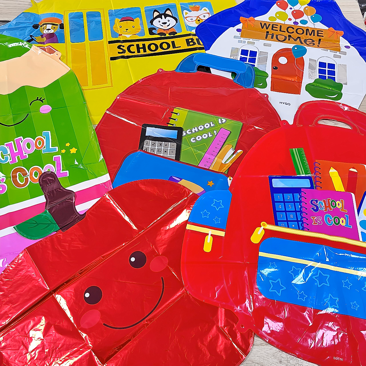 CYMYLAR 11 Pcs Back to School Balloons/Large Yellow School Bus Balloon/Colorful School Bag Pencil Crayon Box Foil Balloons/Red Yellow Mylar Helium Star/School Teacher Party Supplies/Blue Latex Balloon