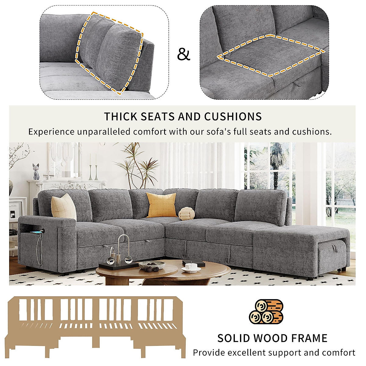 Merax L-Shaped Modular Sofa with Removable Storage Ottoman, USB Ports and Cup Holder, Upholstered Sectional Couch & Armrest, Free Combination Indoor Furniture for Living Room, Apartments, Gray