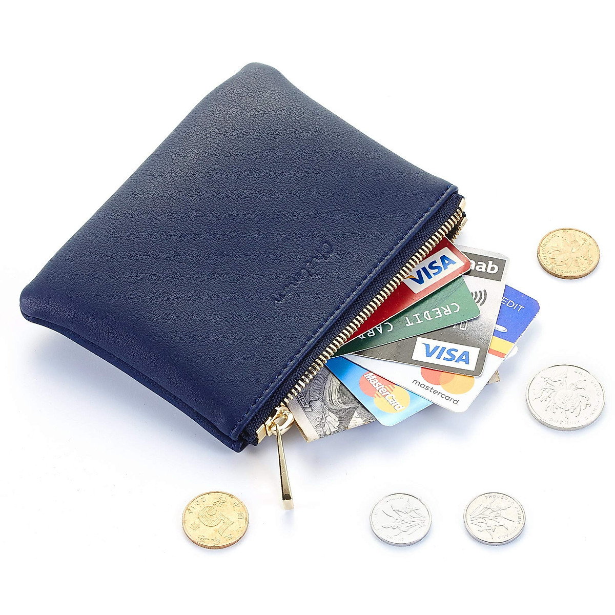 Chelmon Vegan Leather Coin Purse Pouch Change Purse With Zipper For Men Women (Blue Navy)