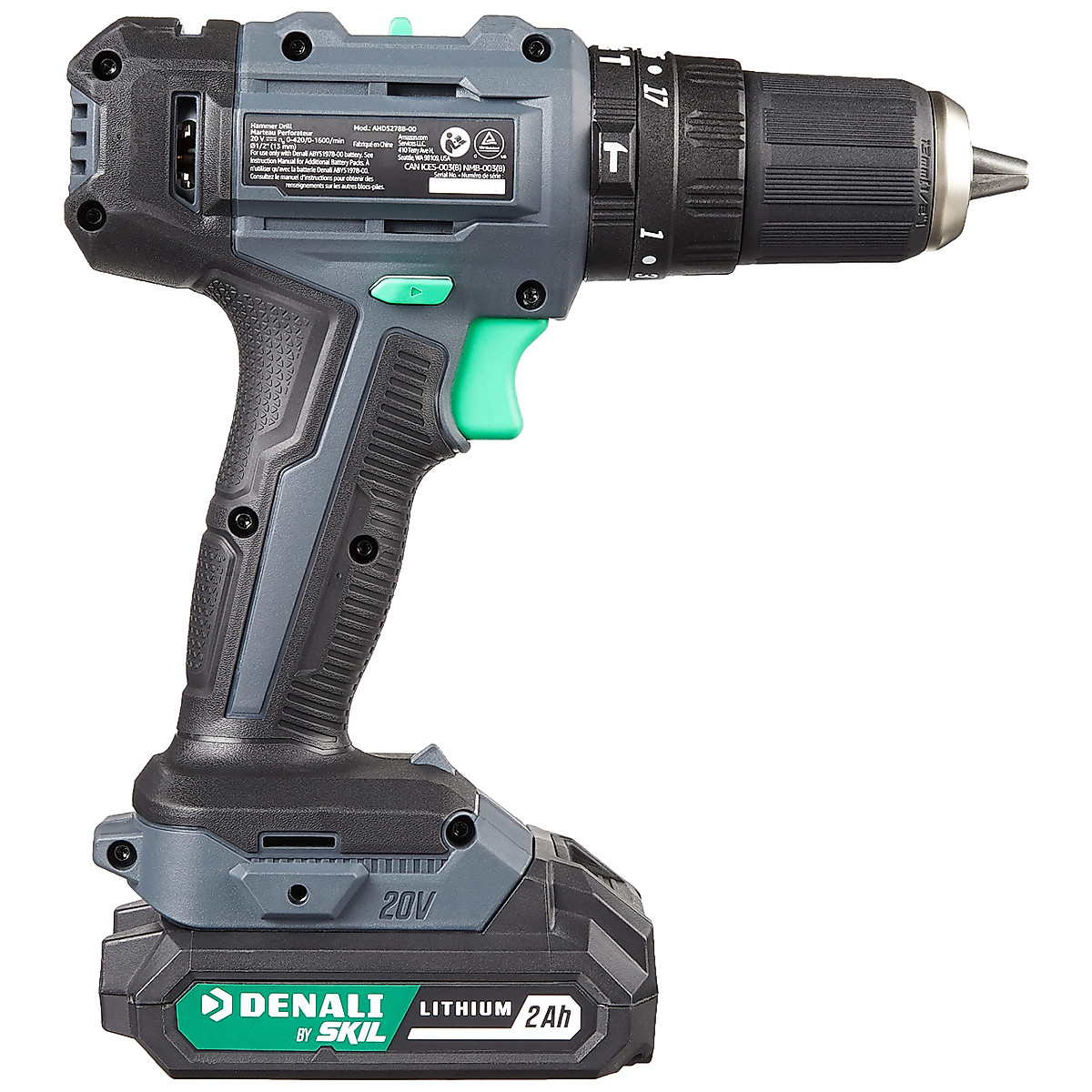 Amazon Brand - Denali by SKIL 20V Cordless Hammer Drill Kit with 2 x 2.0Ah Lithium Batteries and Charger, Blue