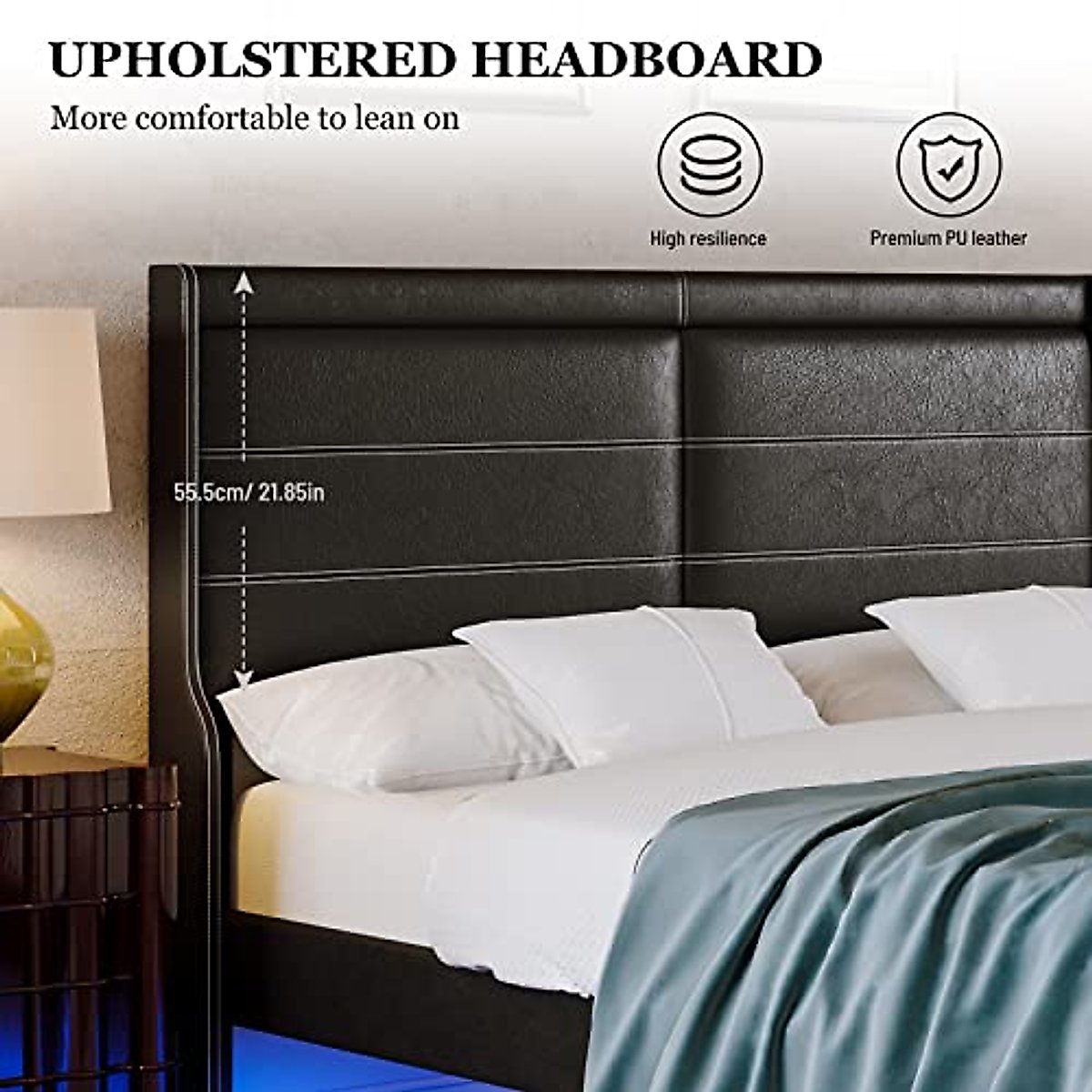 Arisaniasion Queen Size Bed Frame with LED Light Square Stitched Adjustable Headboard Strong Bed, Remote Control Control LED Lights, No Box Spring Needed, Noise Free, Easy Assembly (Black)