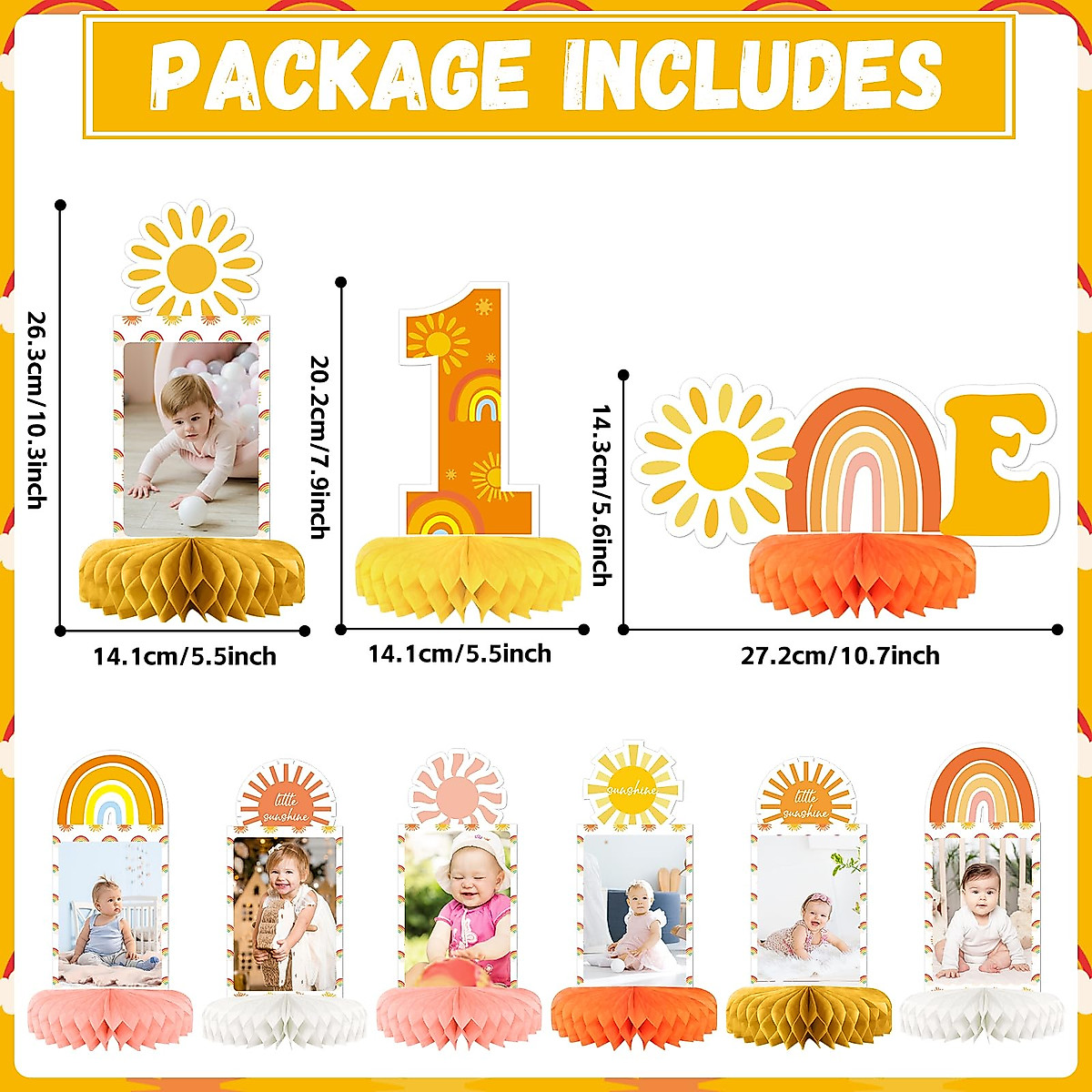 ojustbeok Boho Sun Photo Honeycomb Centerpiece for 1st Baby Birthday Decorations Sunshine Birthday Table Topper Centerpiece Boho Rainbow Baby Shower Party Supplies for Baby Boys Girls Birthday