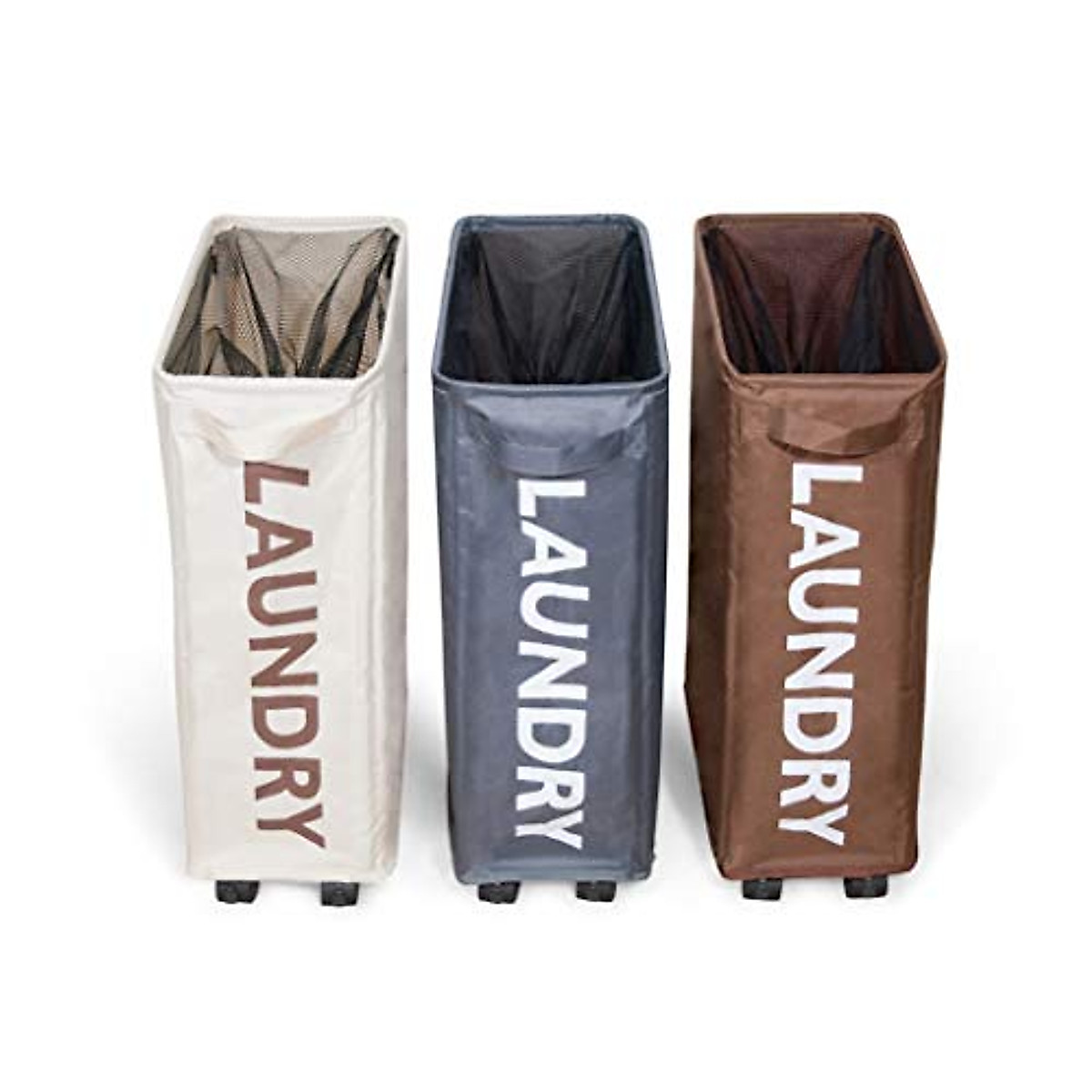 Topline Collapsible Laundry Hamper with Lockable Wheels, Slim Rolling Clothing Basket with Mesh Drawstring Closure - Beige