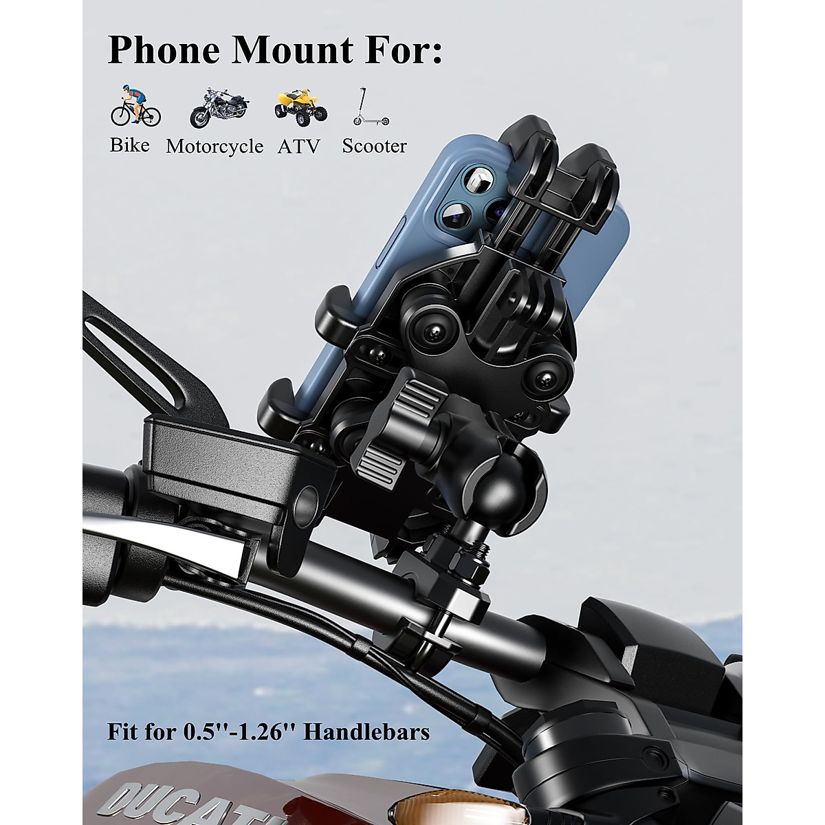 BRCOVAN Motorcycle Phone Holder with Vibration Dampener, Anti-Shake Motorcycle Phone Mount, Adjustable Handlebar CellPhone Holder for Motorcycle Bike Bicycle Scooter ATV Fit 5.4''-7.2'' Smartphone