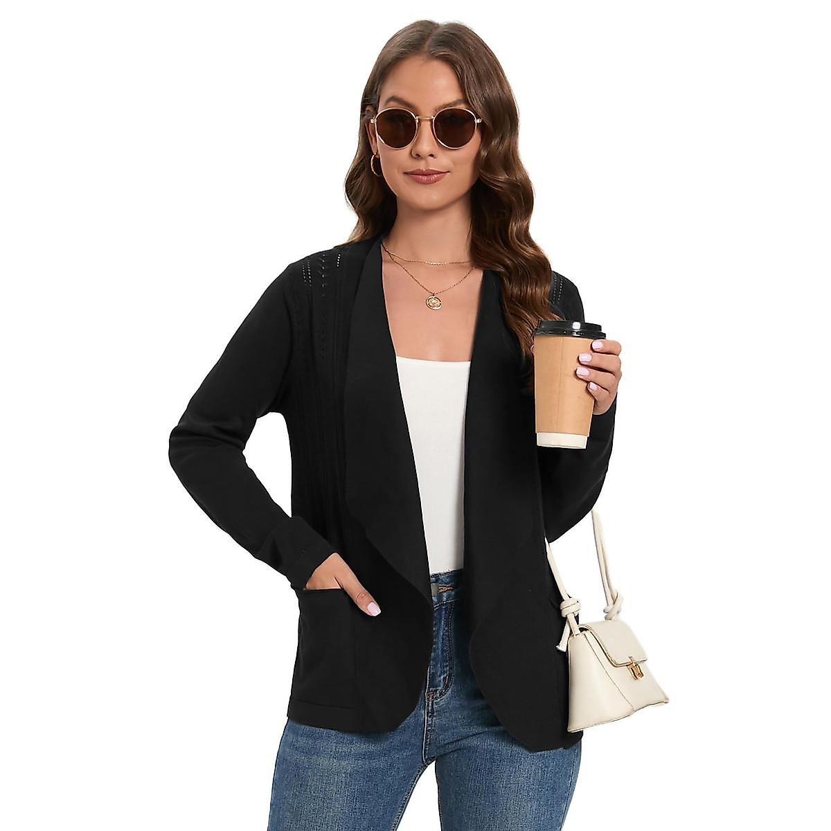 Women Knit Blazer Open Front Blazer Sweater Lapel Cardigan Long Sleeve Blazer Jackets with Pockets Black S