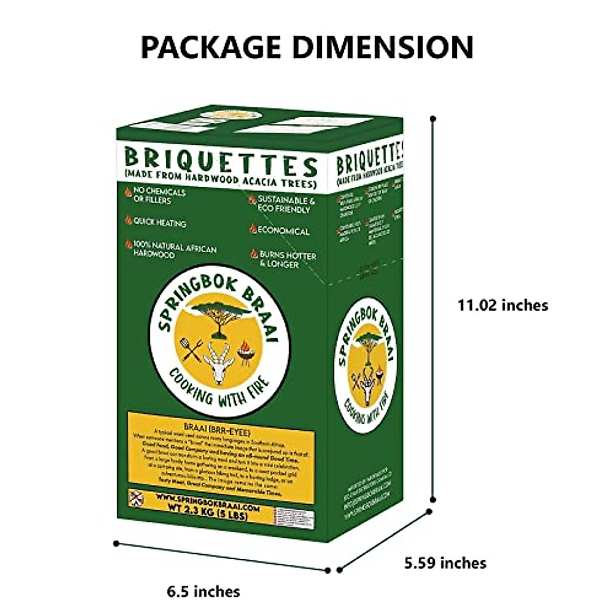 Springbok Braai Best Charcoal Briquettes for Grilling - All Natural Hardwood Briquettes Charcoal for Smoker, Outdoor BBQ Grill - High Heat, Long Lasting, Economical, Sustainable Acacia Wood,1x5 lb Box