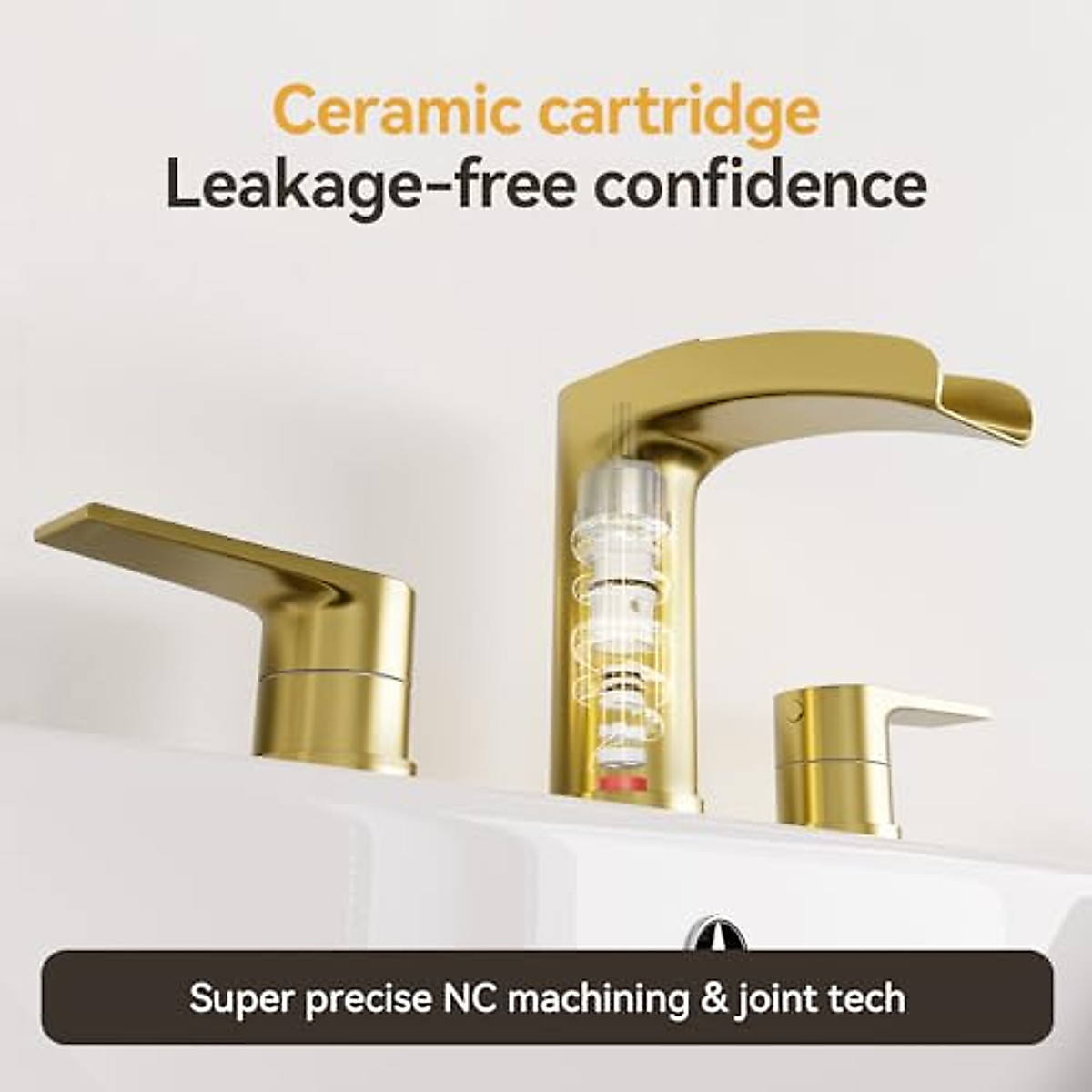 Phiestina Brushed Gold Bathroom Sink Faucet, Waterfall Widespread 3 Hole 8 Inch Brass Bathroom Faucet, with Metal Pop Up Drain and Water Supply Line, NS-WF005-BG