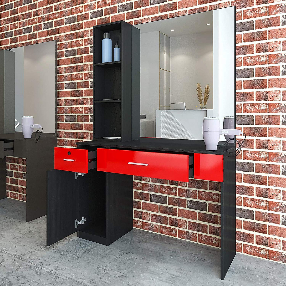 Artist hand Wall Mount Salon Station Barber Stations Styling Station Barber Beauty Spa Salon Equipment Set with Mirror,Left Shelf (Black/Red)