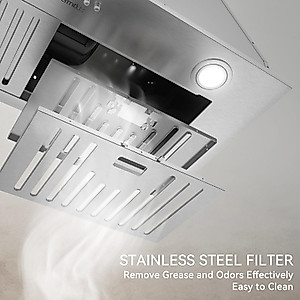 Hermitlux 30 inch Built-in/Insert Range Hood, 600 CFM 3 Speed Vent Hood, Ducted/Ductless Convertible, Stainless Steel with Bright LED Light, Baffle Filters and Charcoal Filters