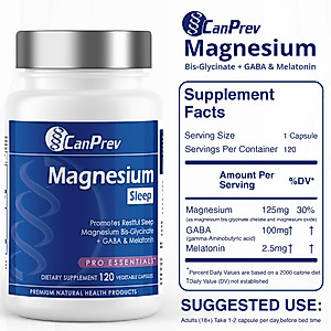 CanPrev - Magnesium Bisglycinate Chelated + GABA & Melatonin 120 Caps - Muscle Health, Bone Health and Cramp Relief - 3rd Party Tested - Formulated & Made in Canada
