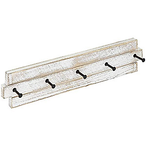 MyGift 15 Inch Whitewashed Wood Towel Hanger Wall Rack with 5 Peg Hooks, Bathroom Robe and Hand Towel Hooks