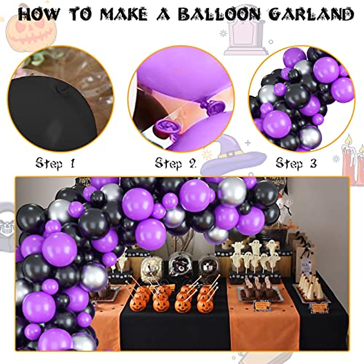 Halloween Balloon Arch Garland Kit, Black Purple Silver Metallic Latex Balloons Garland Kit for Kids Halloween Theme Birthday Trick or Treat Graduation Wedding Party Decorations Supplies