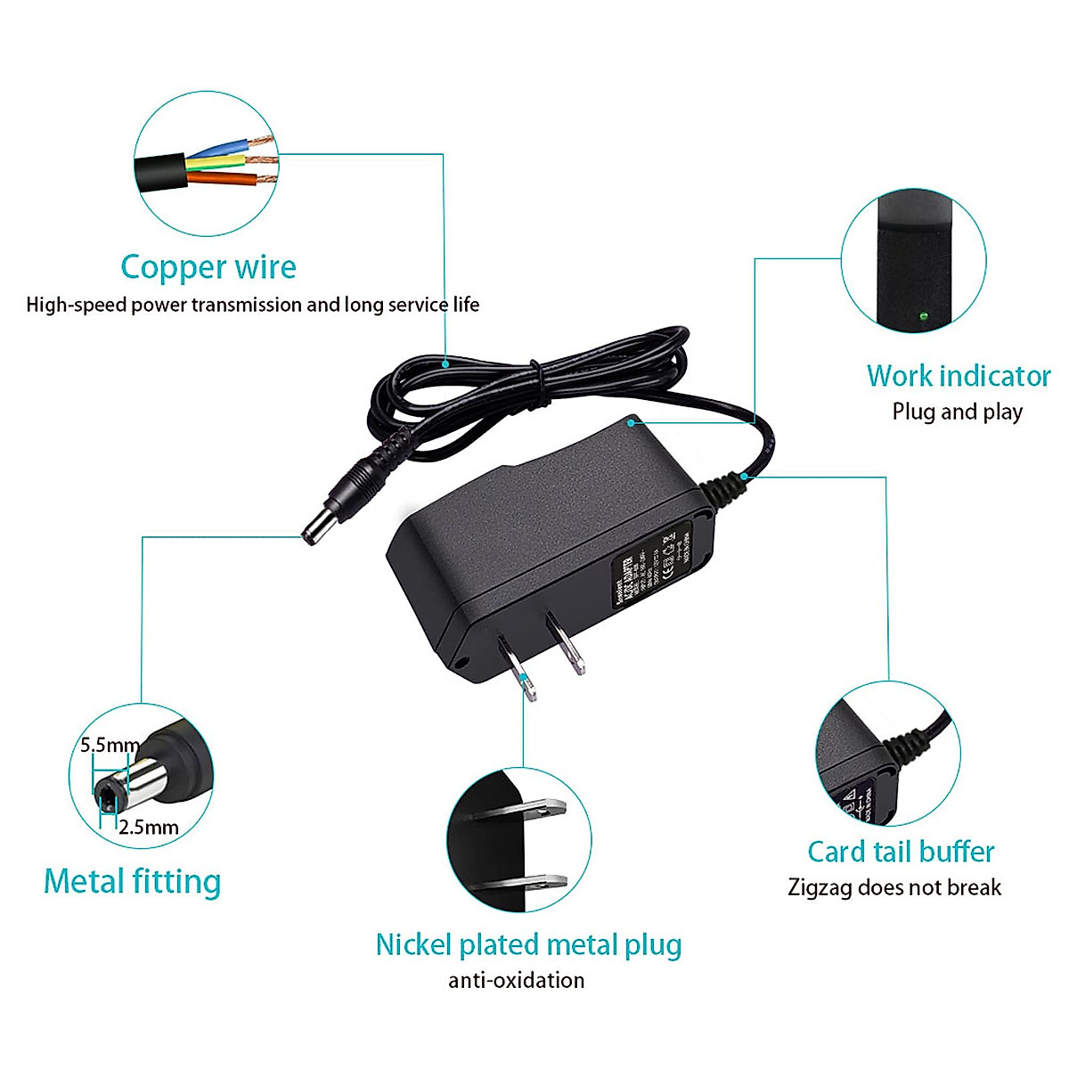 Snsnlent 12V 1A Power Adapter AC 100-240V to DC 12V 1000mA Power Supply Adapter 12V 12W Adapter DC Connector Jack 5.5mmx2.1mm for LED Strip Lights, Audio/Video