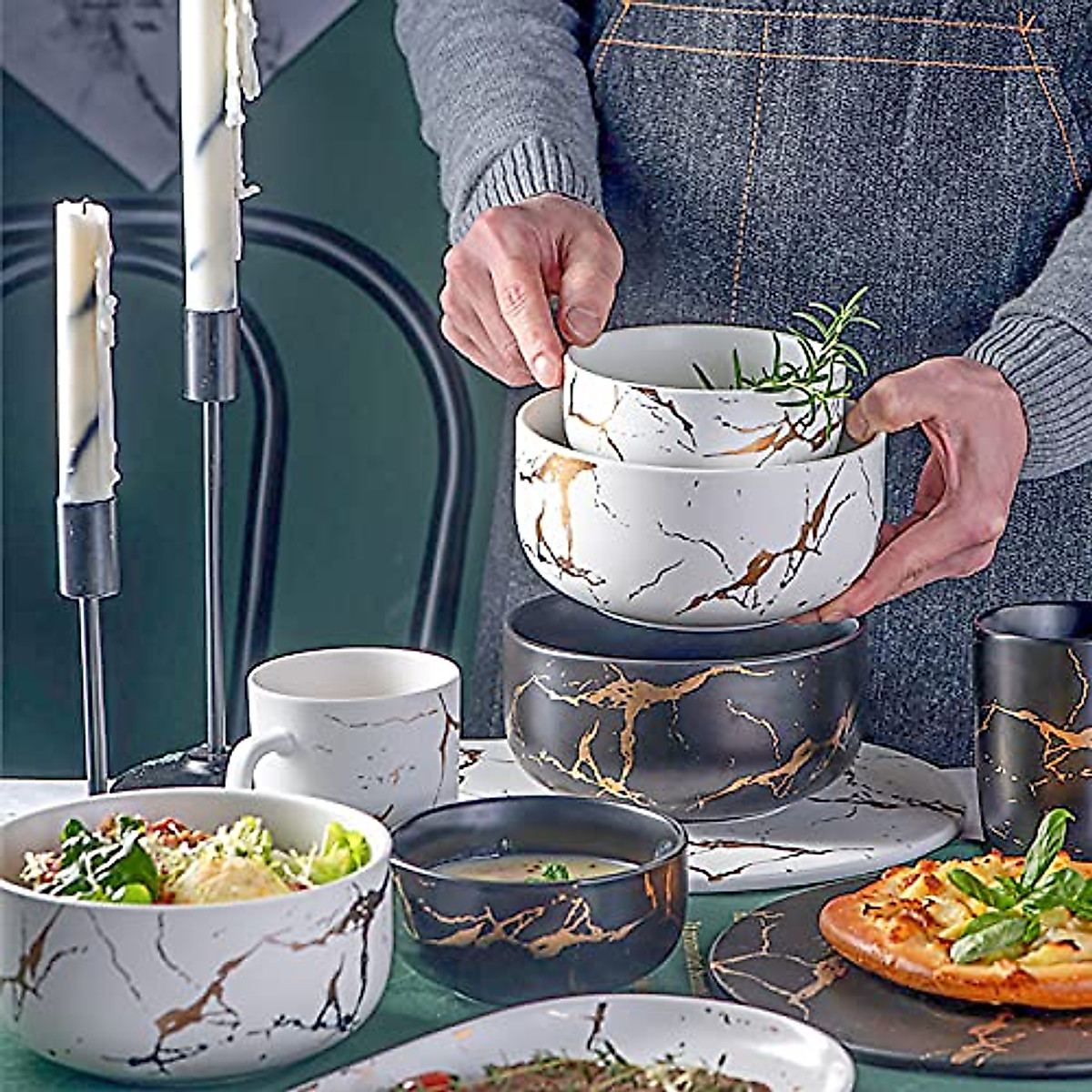 LUCCK Ceramic Cereal Bowl Marble Soup Bowl 17 OZ Ceramic Rice Bowl Luxury Gold Inlay Dessert Bowl Microwave and Dishwasher Safe for Oatmeal Snack (White)