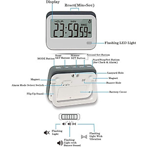 Digital Kitchen Timer, Alarm Clock,Stopwatch,Large Digits,Loud Alarm, Mute Blinking Light and Magnetic Stand .Kitchen Timer, Classroom Timer... (Gray)