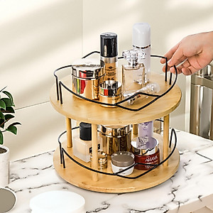 Yopay Lazy Susan Organizer 2 Tier, Bamboo Rotating Spice Rack for Kitchen Countertop Cabinet, Spinning Makeup Turntable Organizer with Steel Side for Vanity, Dining Table, Pantry, Condiments, 11 Inch