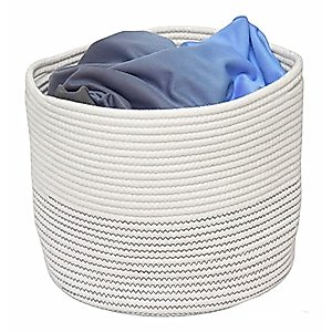 Lorfa Cotton Rope Storage Basket - Woven Laundry Baskets for Blanket, Baby Toy Storage Basket with Hidden Handle, Nursery Basket, 12 By 11 inch (12X11 inch , Grey Line)